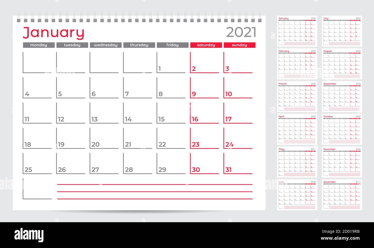 Calendar planner template 2021. Week start from Monday. Set of 12 ...