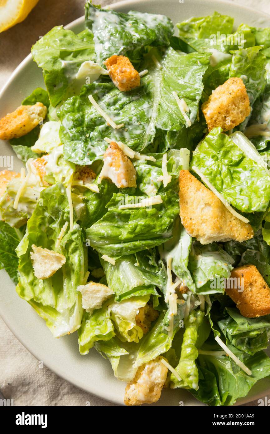 Homemade Healthy Romaine Caesar Salad with Dressing and Croutons Stock ...