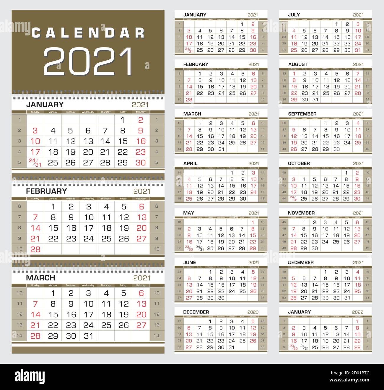 Gold wall quarterly calendar 2021 with week numbers. Week start from ...