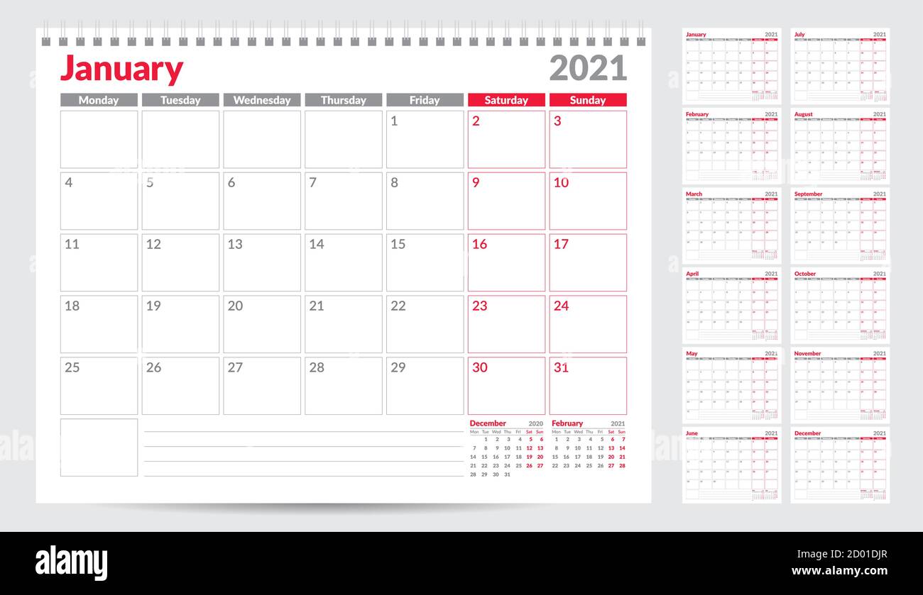 Calendar planner template 2021. Week start from Monday. Set of 12 ...