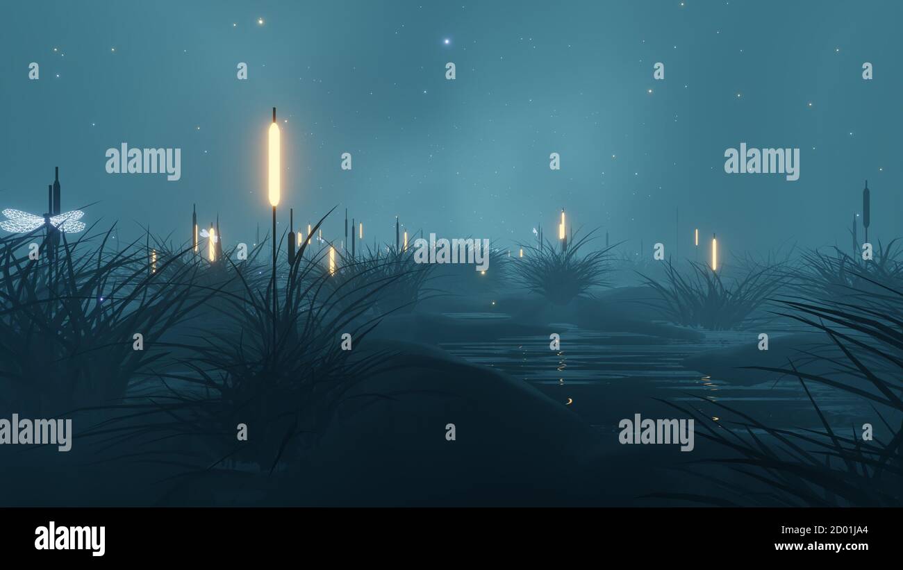 Foggy swamp scene. 3D illustration Stock Photo - Alamy