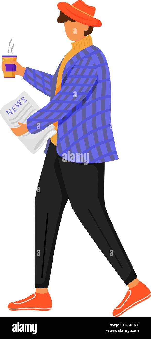 Man with morning newspaper flat color vector illustration. Person reads ...