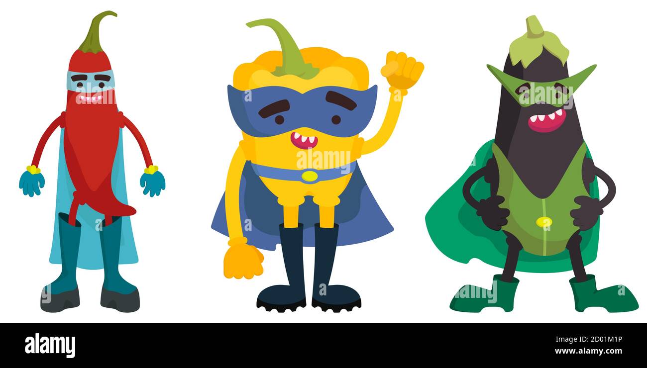 Set of superhero vegetables. Chilli, bell pepper and eggplant in ...