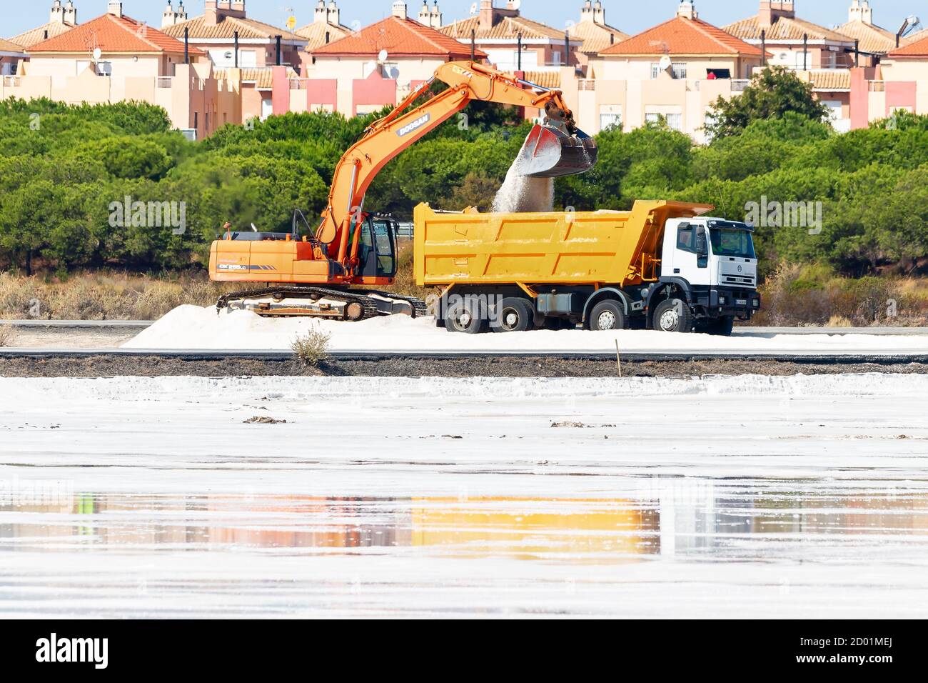 Huelva, Spain - October 1, 2020: Excavator loads salt into a truck in ...