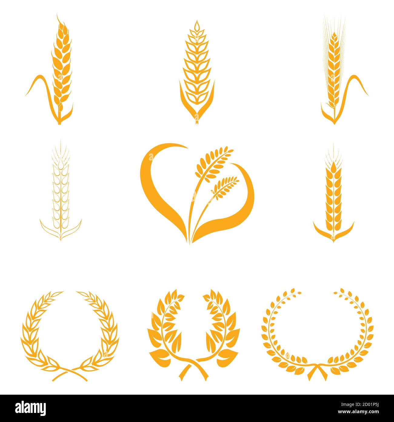 Ears of wheat or rice icons. Agricultural spikelets of wheat symbols on a white background ...