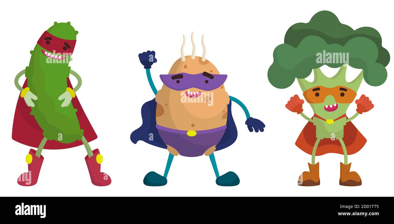 Set of superhero vegetables. Cucumber, potato and broccoli in cartoon ...