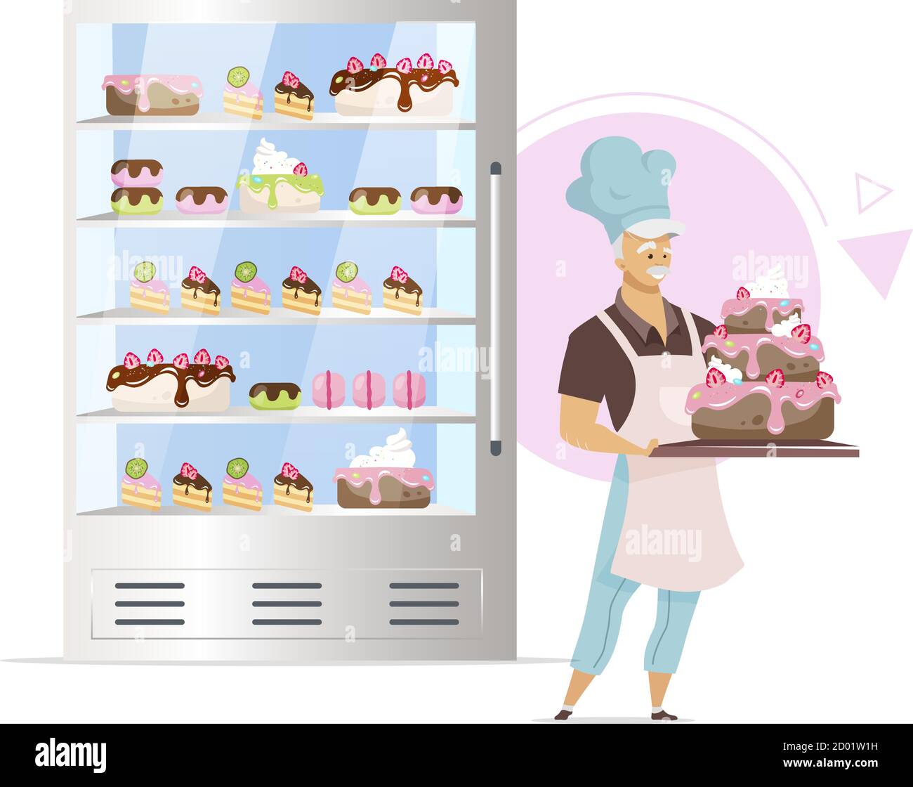 Confectionery shop showcase flat color vector illustration. Baker ...