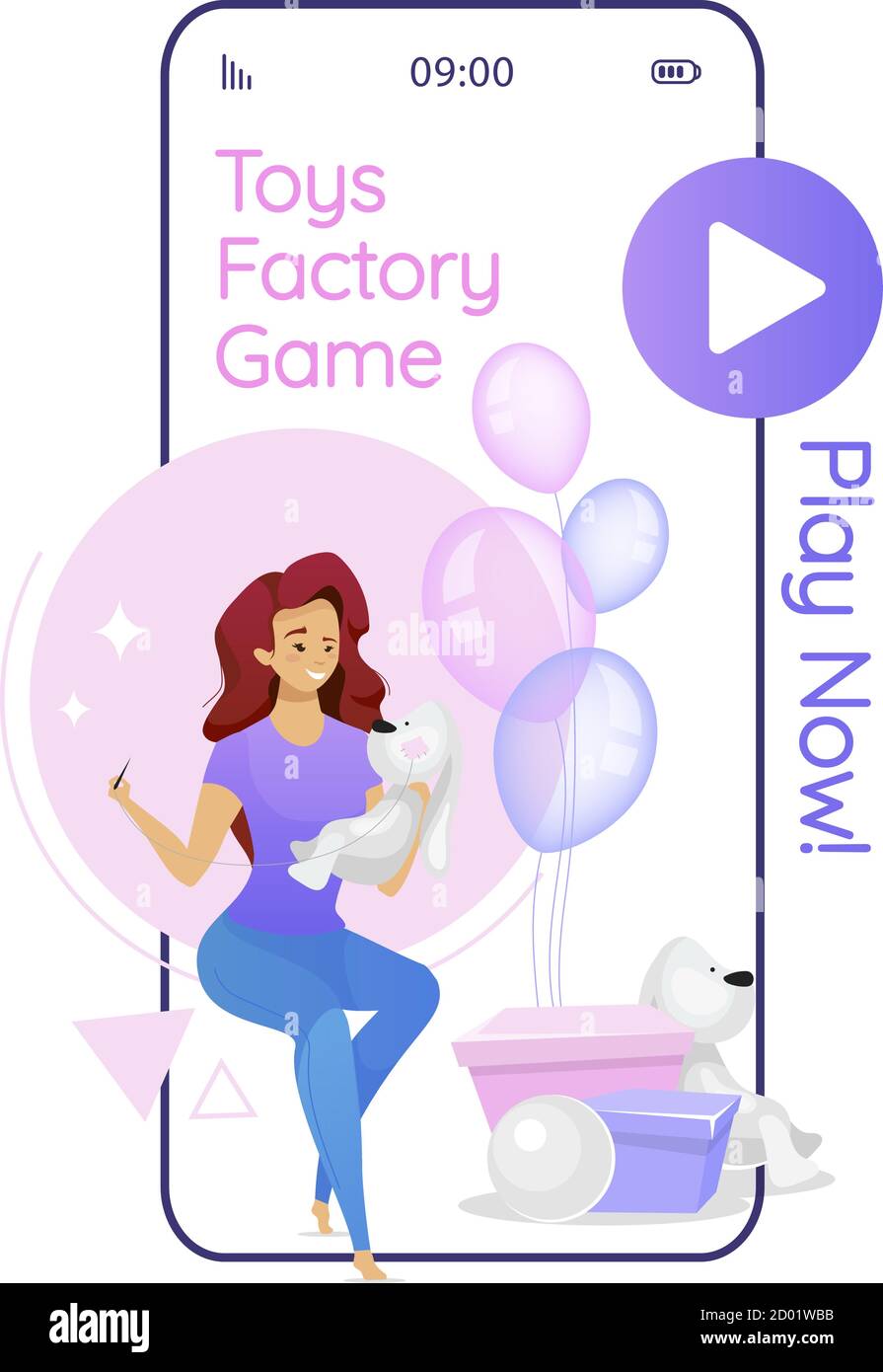 Toys factory game cartoon smartphone vector app screen. Woman making ...