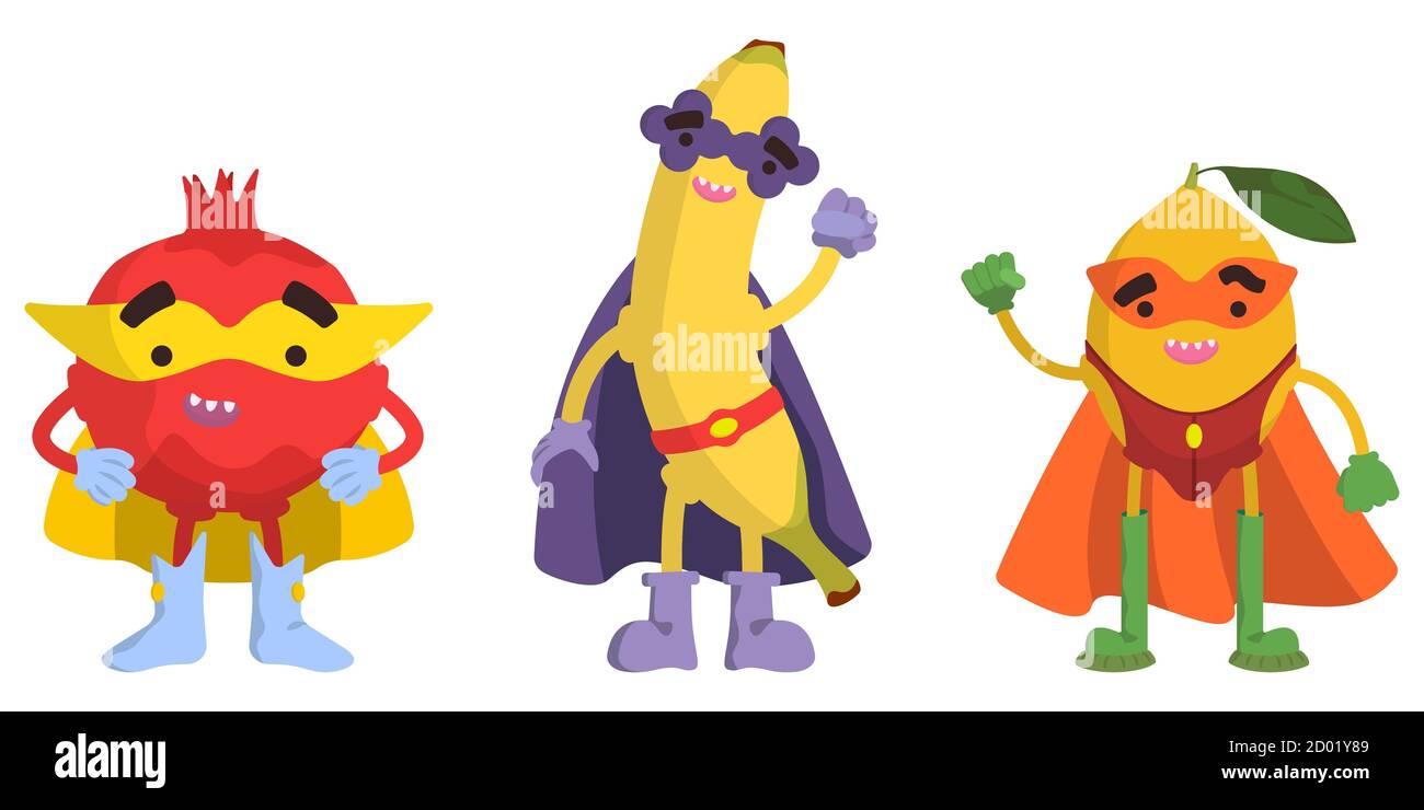 Set of superhero fruits. Pomegranate, banana and lemon in cartoon style ...