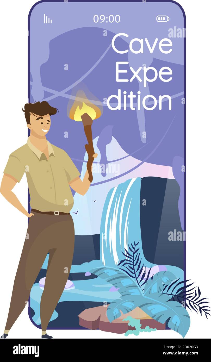 Cave expedition cartoon smartphone vector app screen. Trip to inside of ...