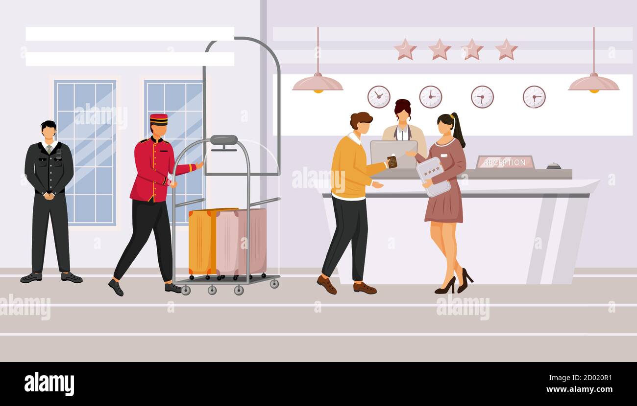 Hotel reception flat vector illustration. Guest talking with resort ...