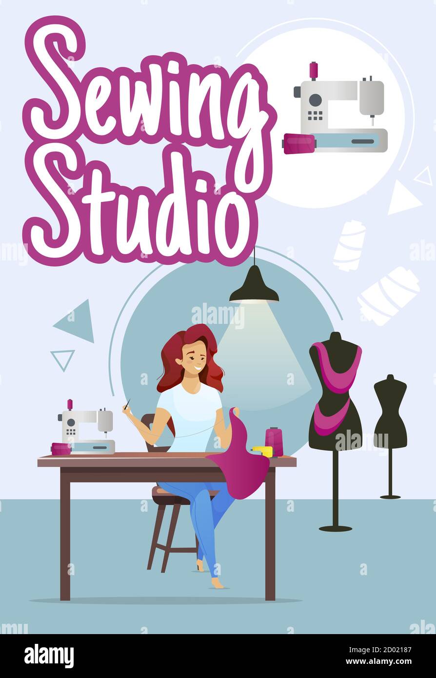 Sewing studio poster vector template. Designer. Woman making clothes ...