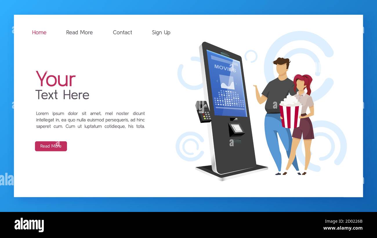 Tickets kiosk landing page vector template. Cinema self service machine ...