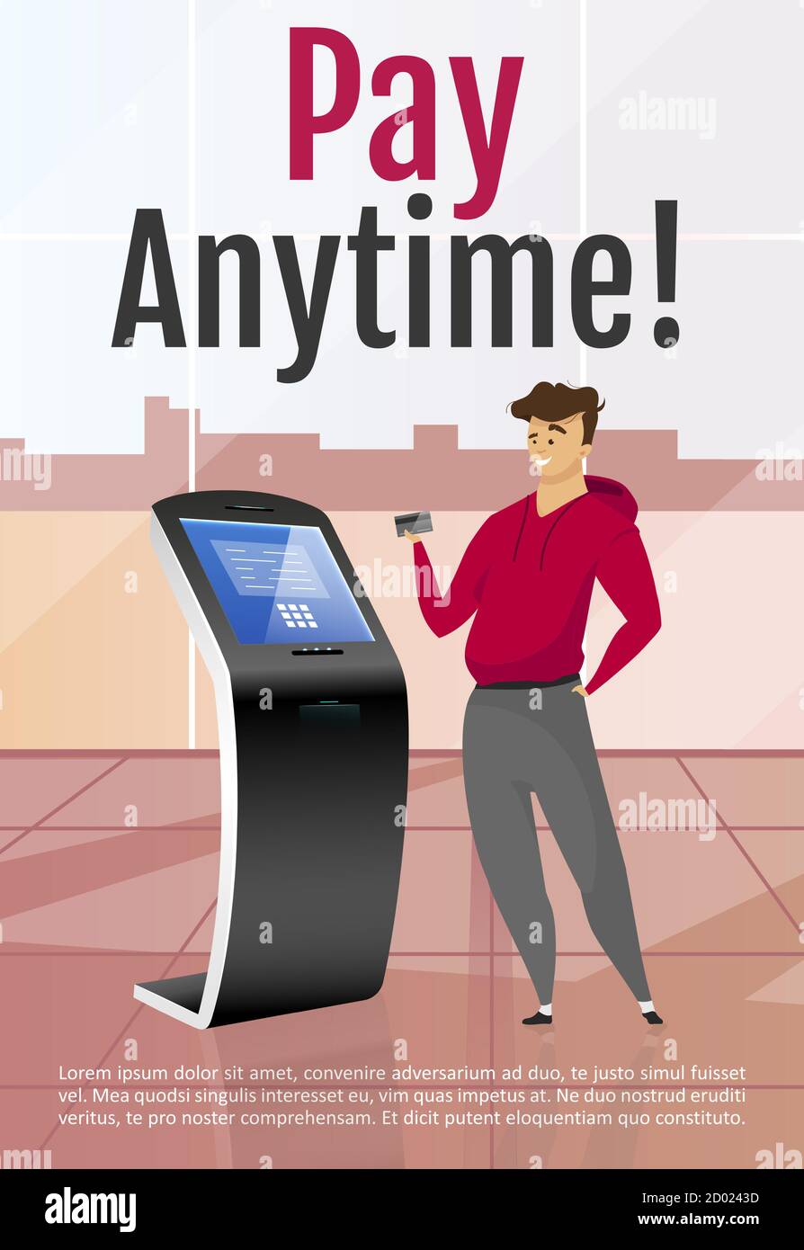 Pay anytime brochure template. Smiling man near self service kiosk ...