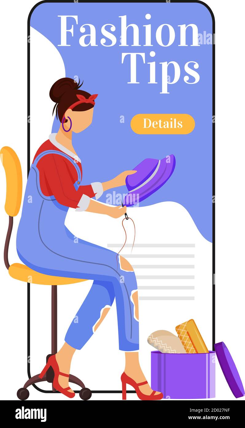 Fashion tips cartoon smartphone vector app screen. Creating, sewing ...