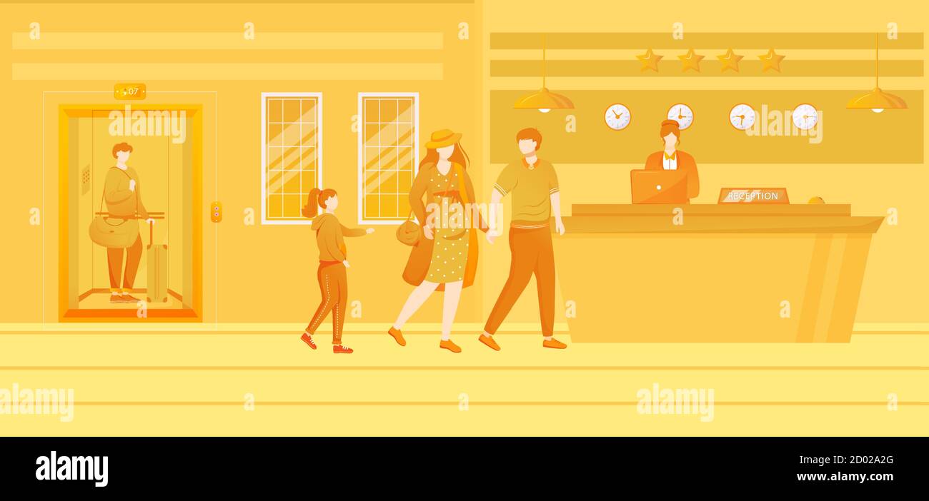 Hotel clients flat vector illustration. People with child near ...