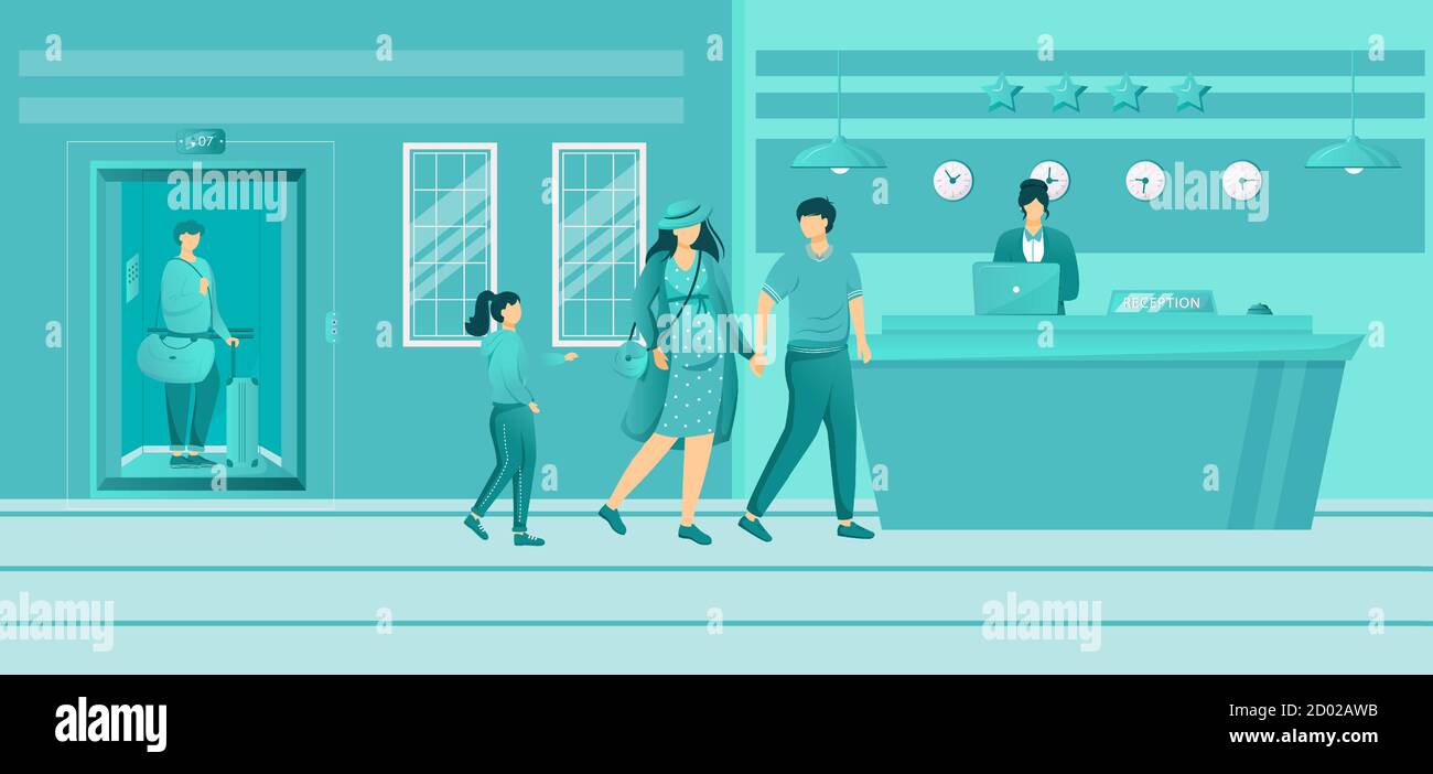 Hotel guests in lobby flat vector illustration. Family with kid at ...