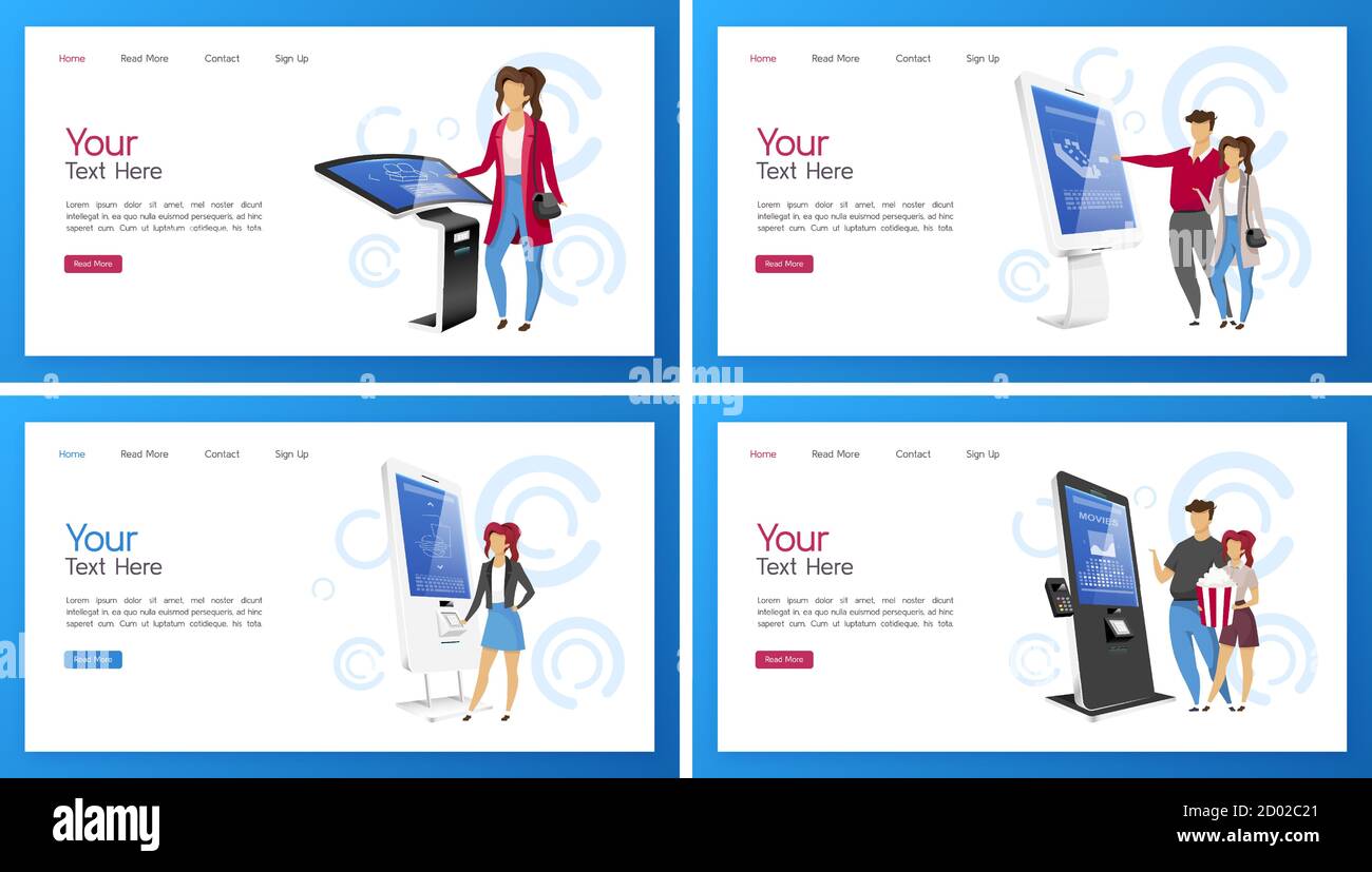 Interactive self order kiosk landing page vector template set. Modern electronic display website ...