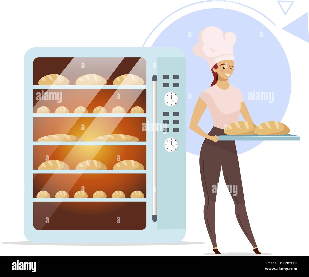 Bakery flat color vector illustration. Female baker next to oven. Baked ...