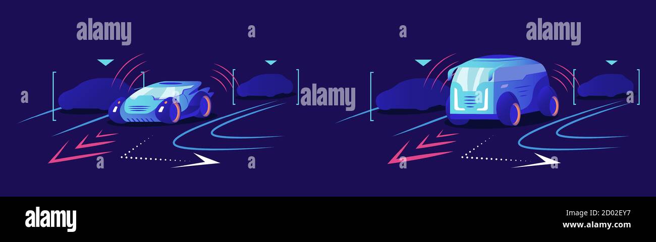 Driverless cars flat color vector illustrations. Autonomous transport ...