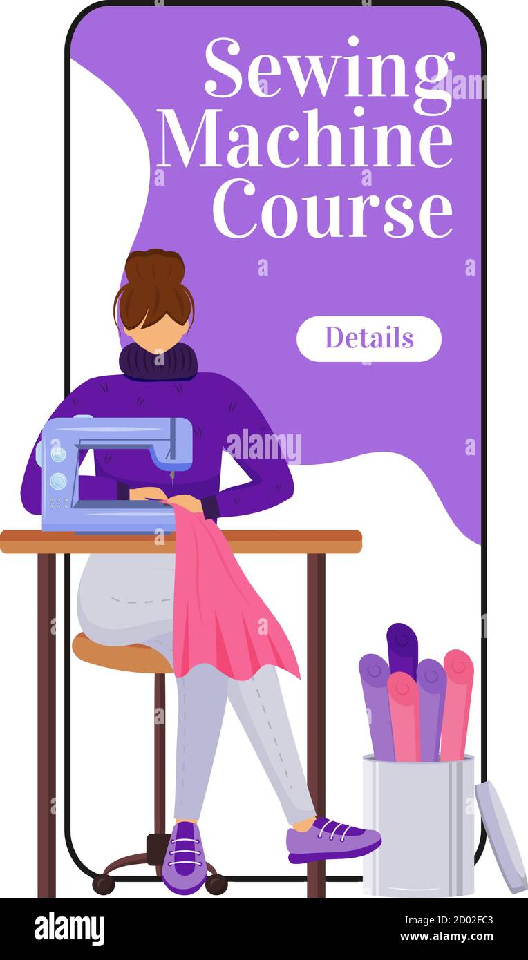 Sewing machine course cartoon smartphone vector app screen. Beginners ...