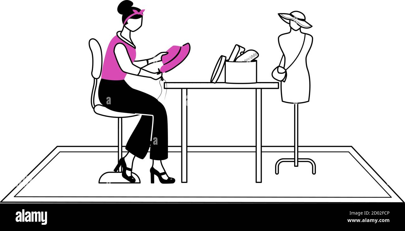 Fashion designer in atelier flat contour vector illustration. Sewing ...