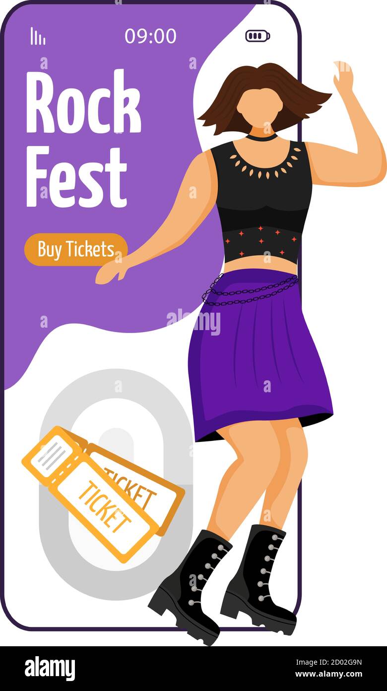 Rock fest cartoon smartphone vector app screen. Tickets. Dancing punk ...