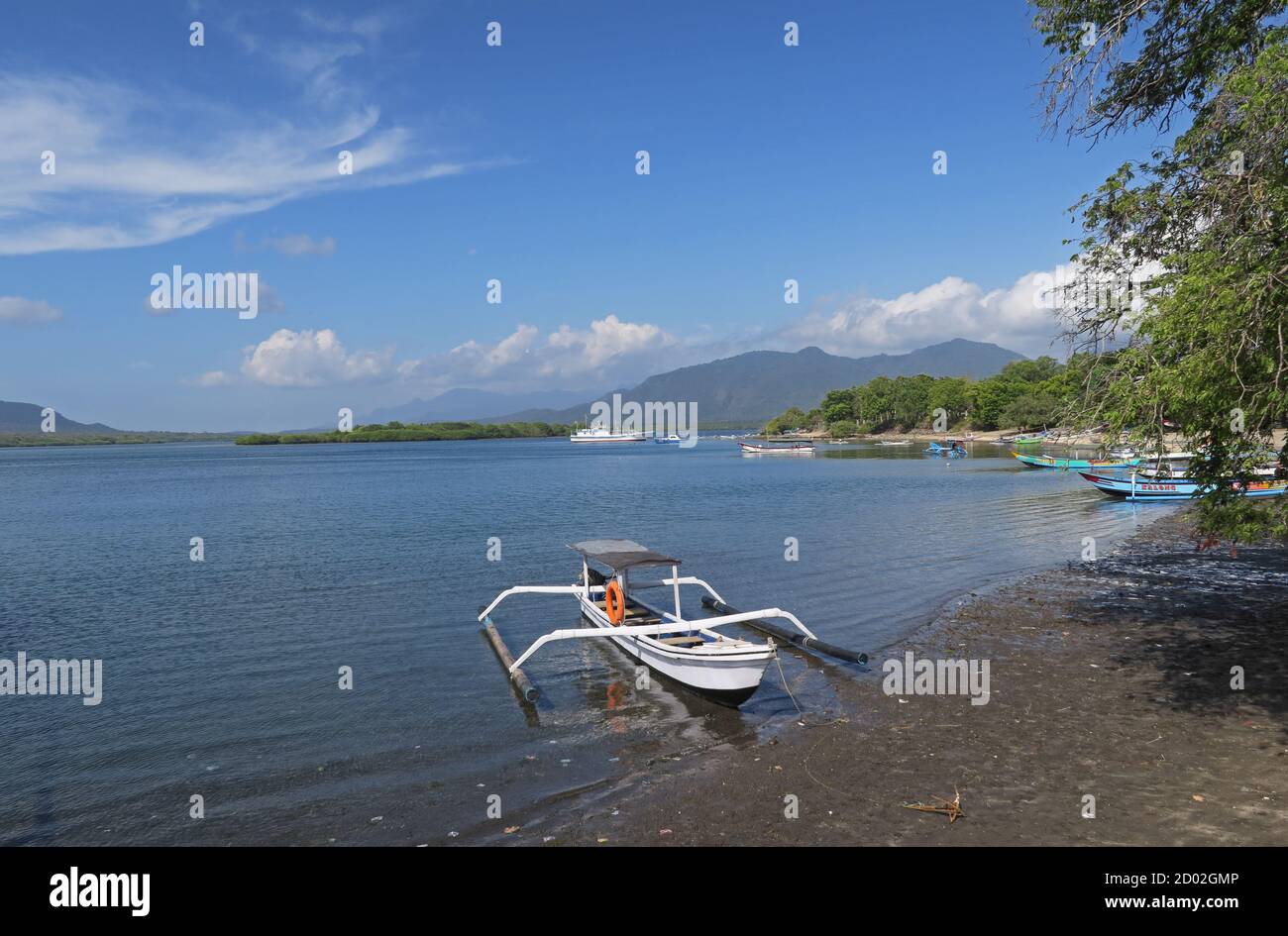 view of national park from coast with boat pulled up on beach Bali ...
