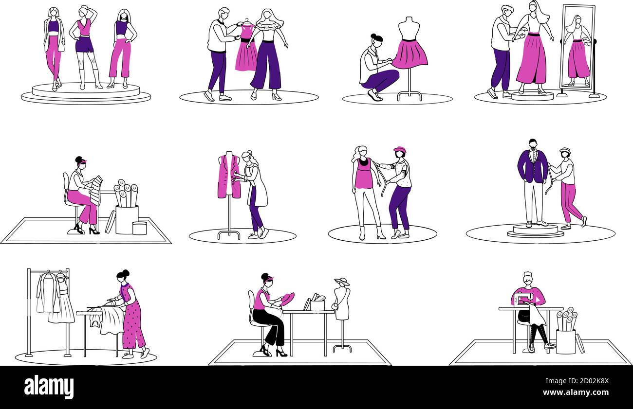 Fashion designer in atelier flat contour vector illustration set ...