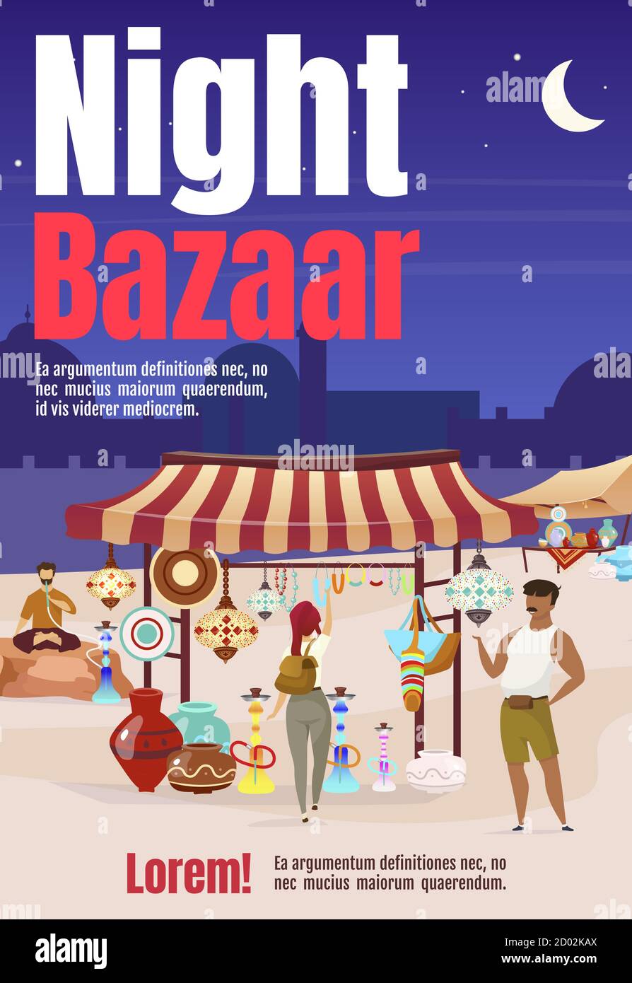 Night bazaar poster flat vector template. Turkey, Egypt street market ...