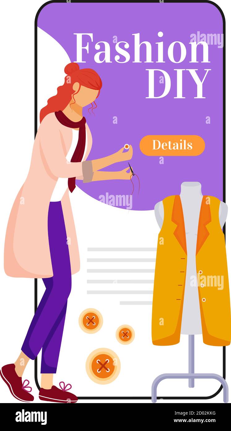 Fashion diy cartoon smartphone vector app screen. Creating and sewing ...