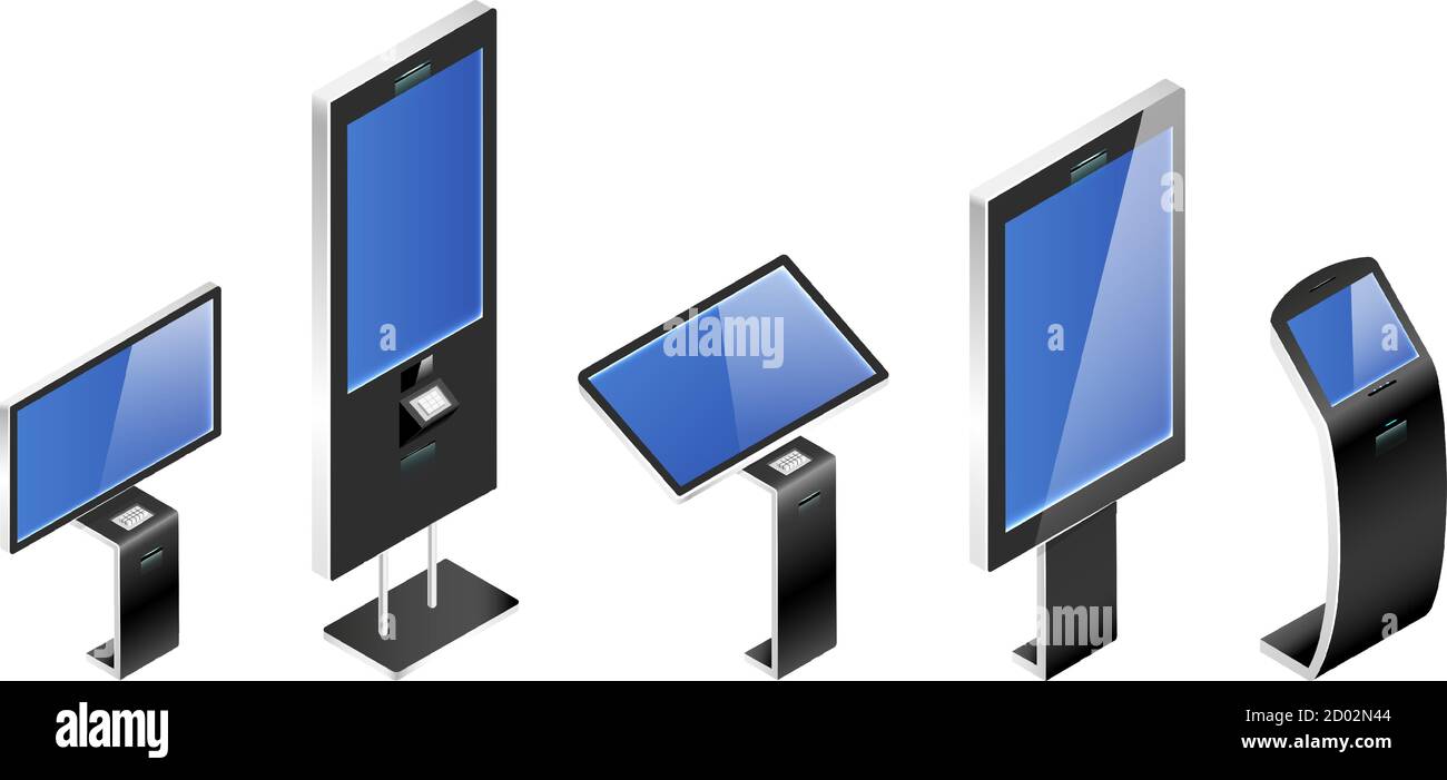 Electronic information boards realistic vector illustrations set. Digital self order kiosks flat ...