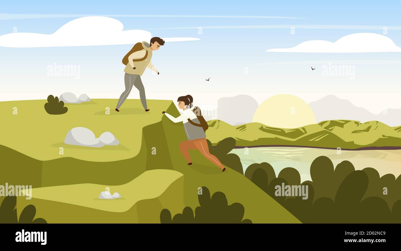Climbing group flat vector illustration. Hikers couple on mountain hill ...