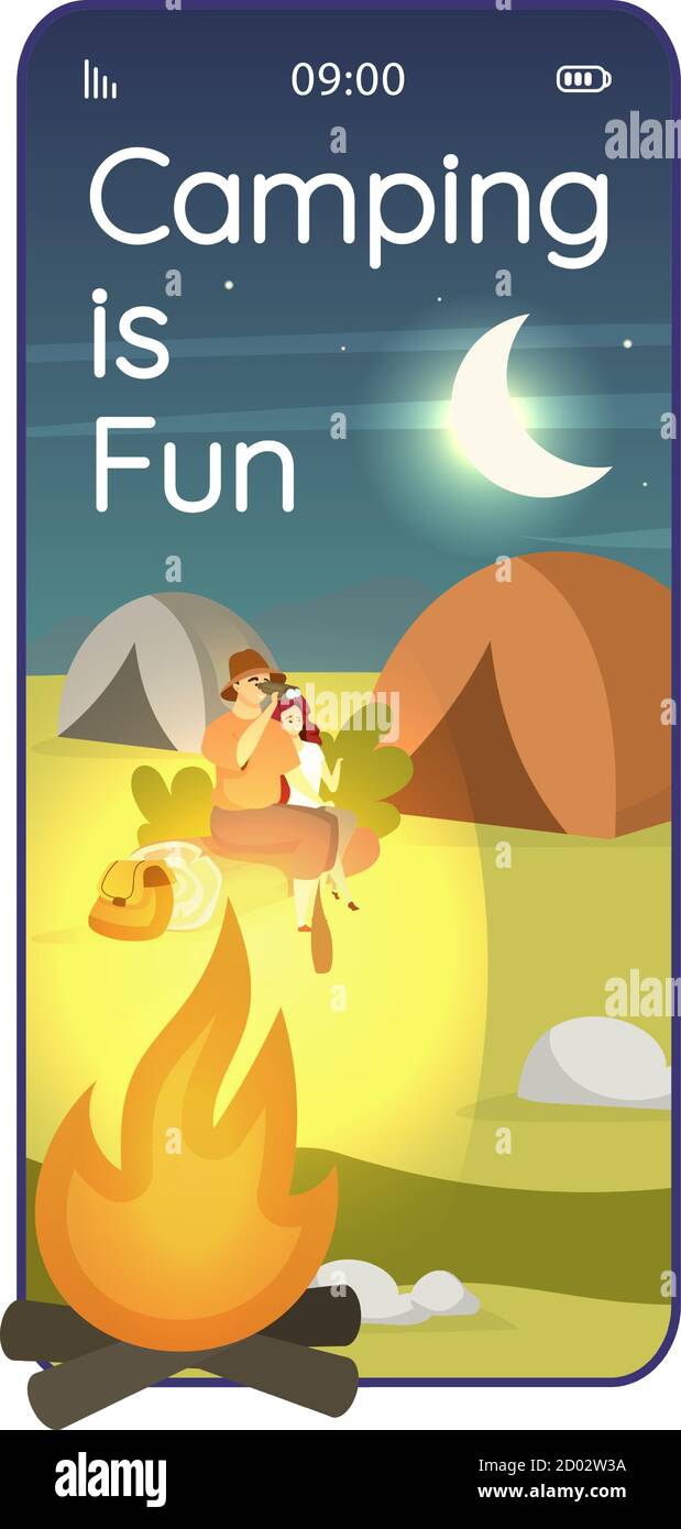 Camping is fun cartoon smartphone vector app screen. Overnight stay in ...
