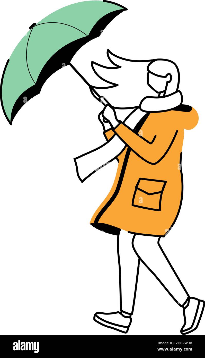 Woman in raincoat flat contour vector illustration. Windy weather ...