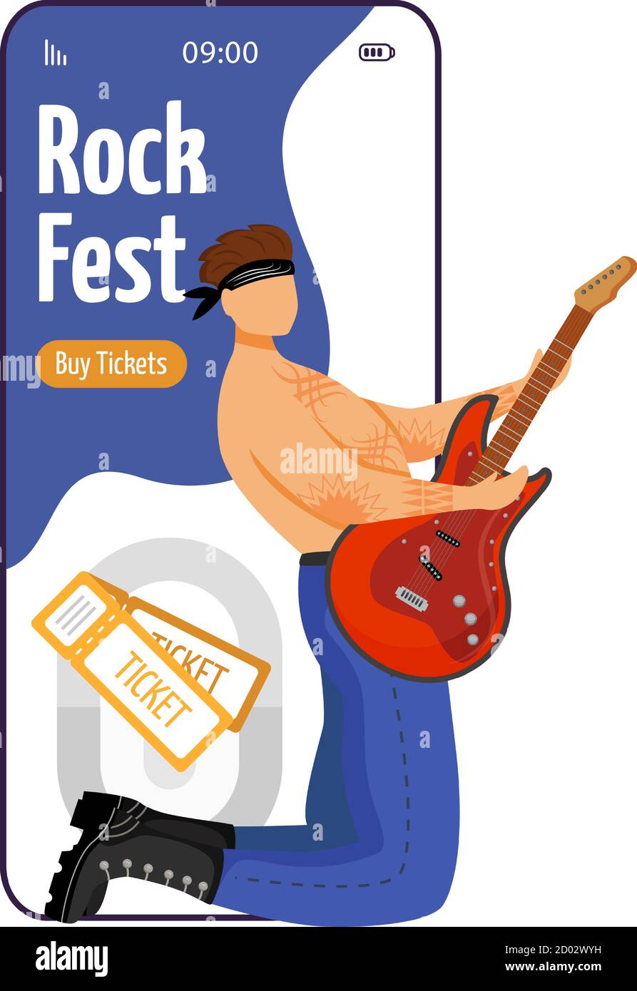 Rock fest cartoon smartphone vector app screen. Tickets. Guitarist ...