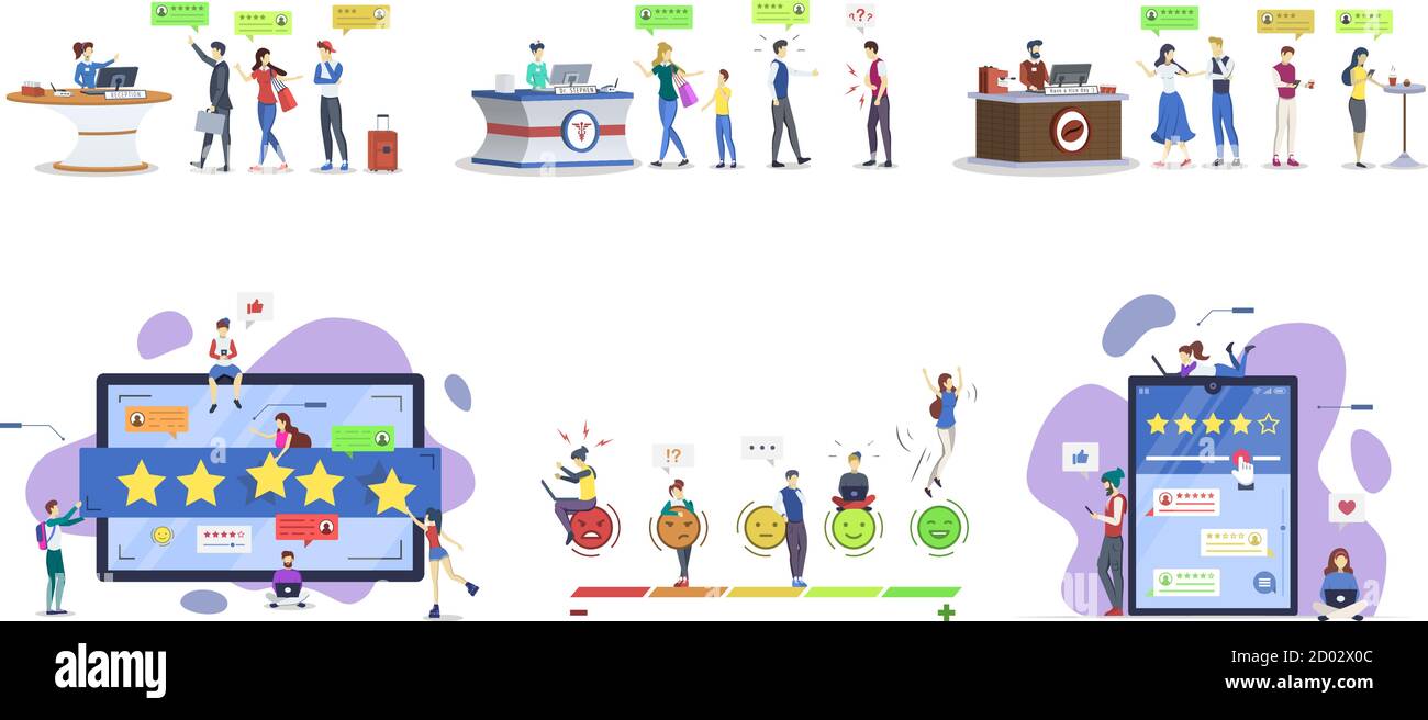 Customer reviews flat vector illustrations set. User experience ...