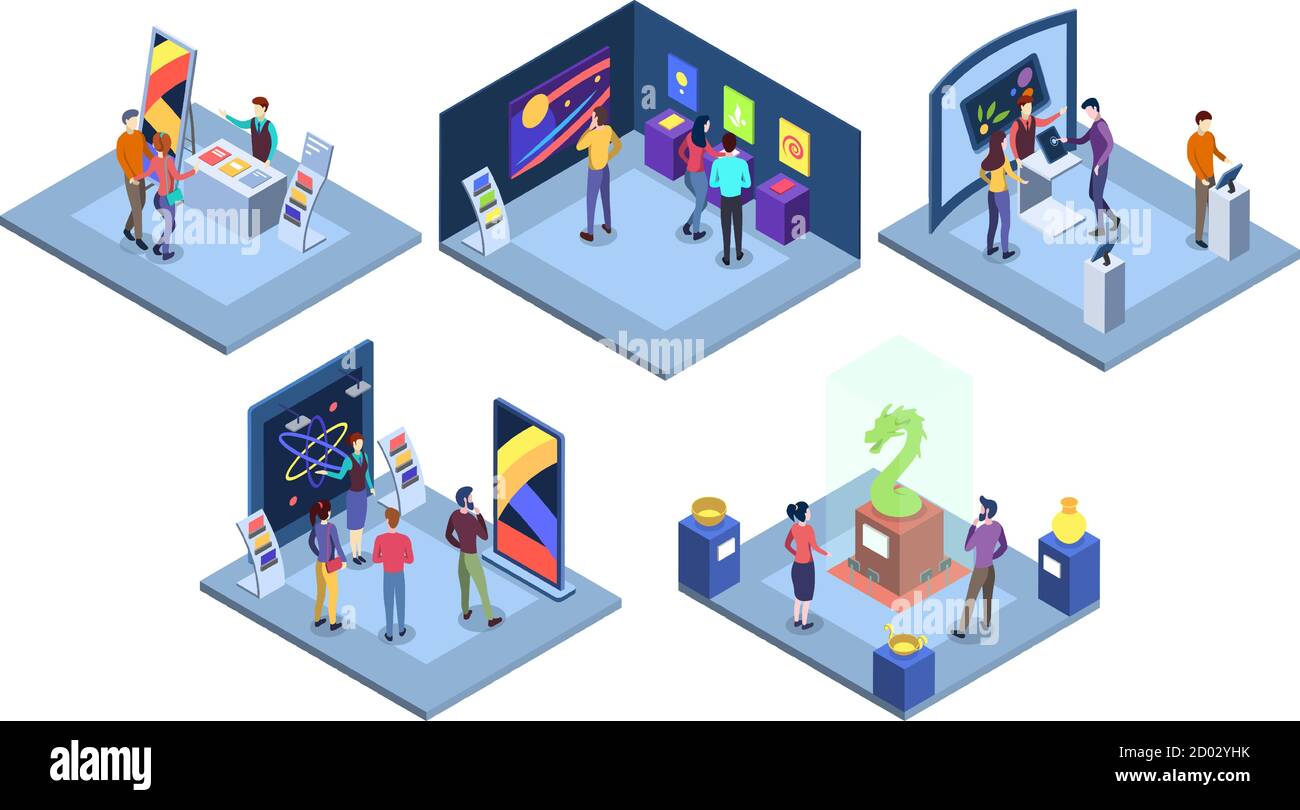 Exhibitions isometric vector illustrations set. Art gallery with ...