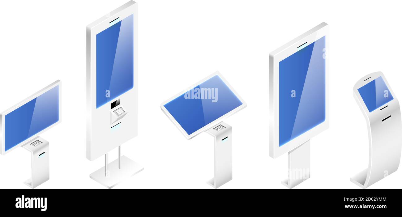 Digital information boards isometric vector illustrations set. Bank terminals flat color objects ...