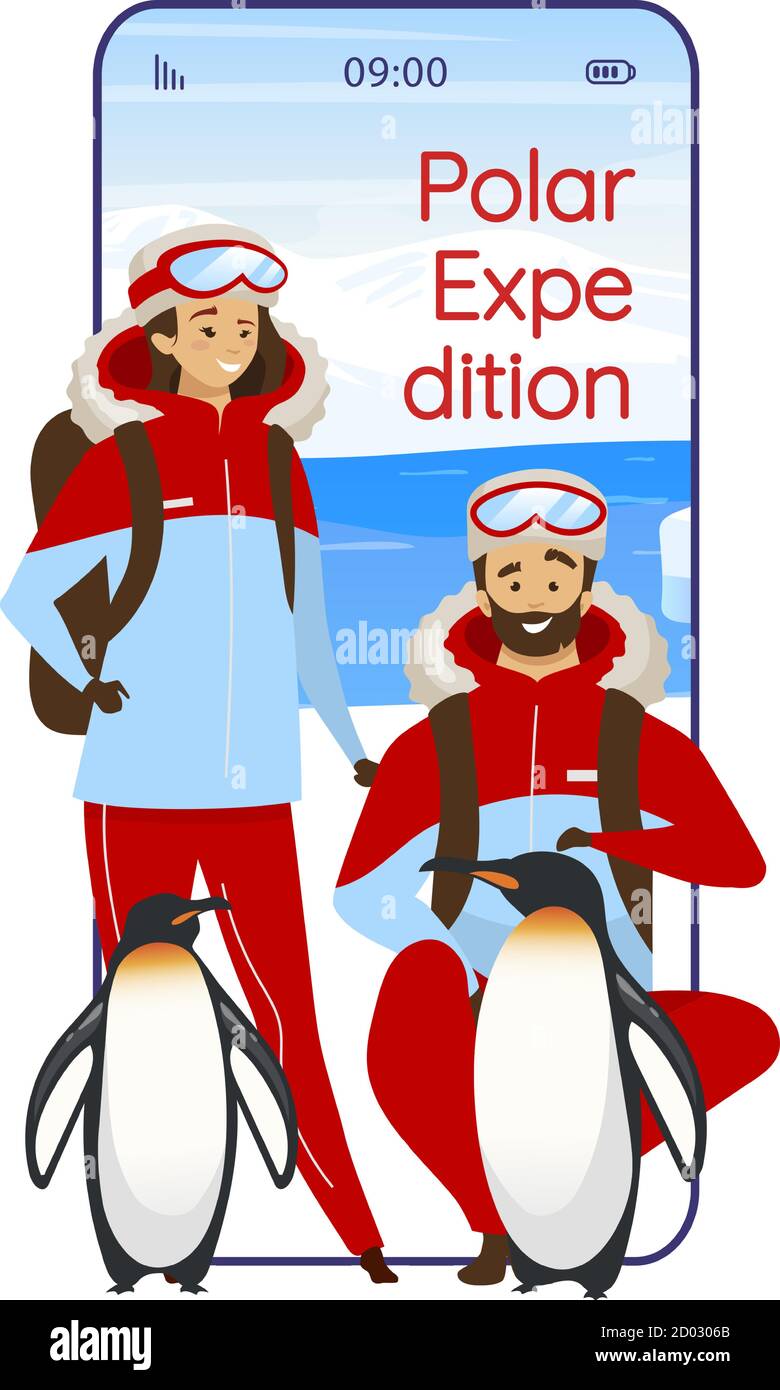 Polar expedition cartoon smartphone vector app screen. Antarctical ...
