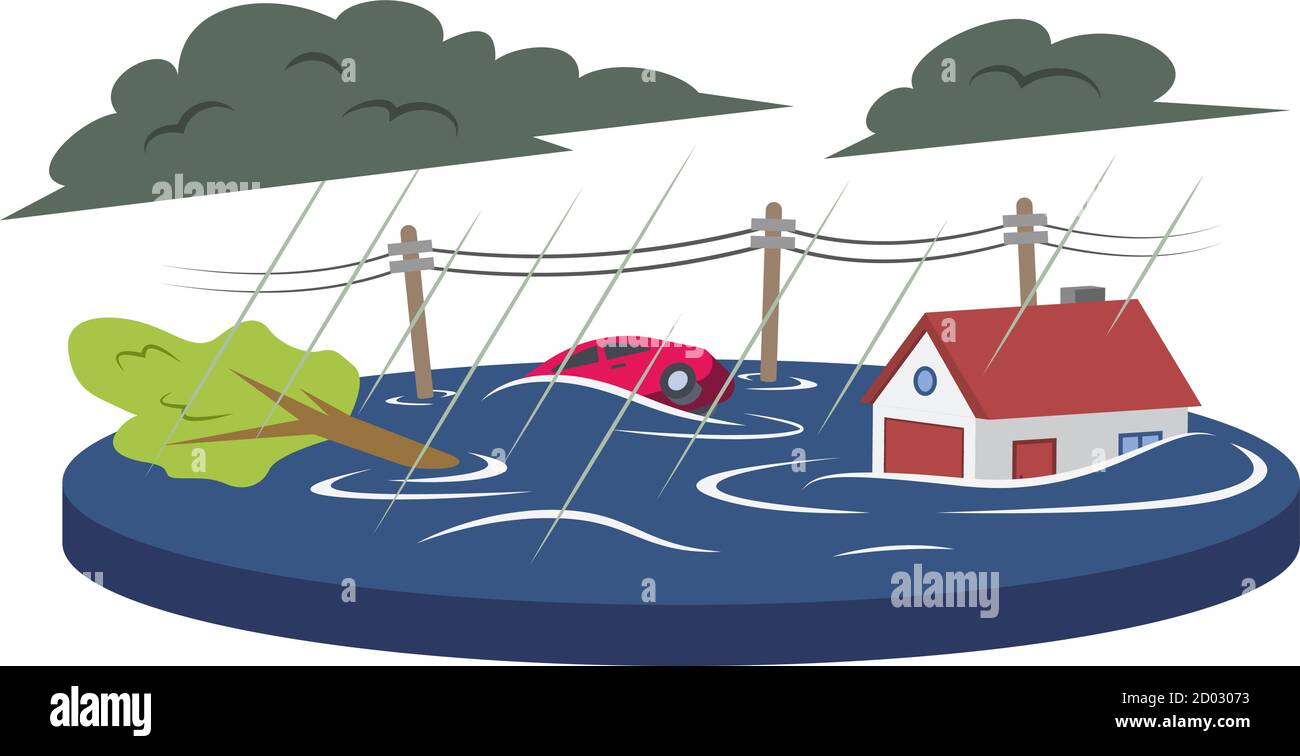 Flood cartoon vector illustration. Inundation, deluge. Flowing water ...