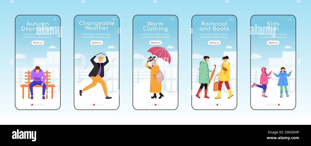 Autumn Rainy Weather Onboarding Mobile App Screen Flat Vector Template Warm Clothing