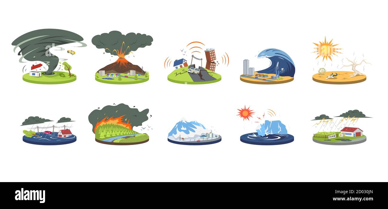 Natural disasters cartoon vector illustration set. Extreme weather ...