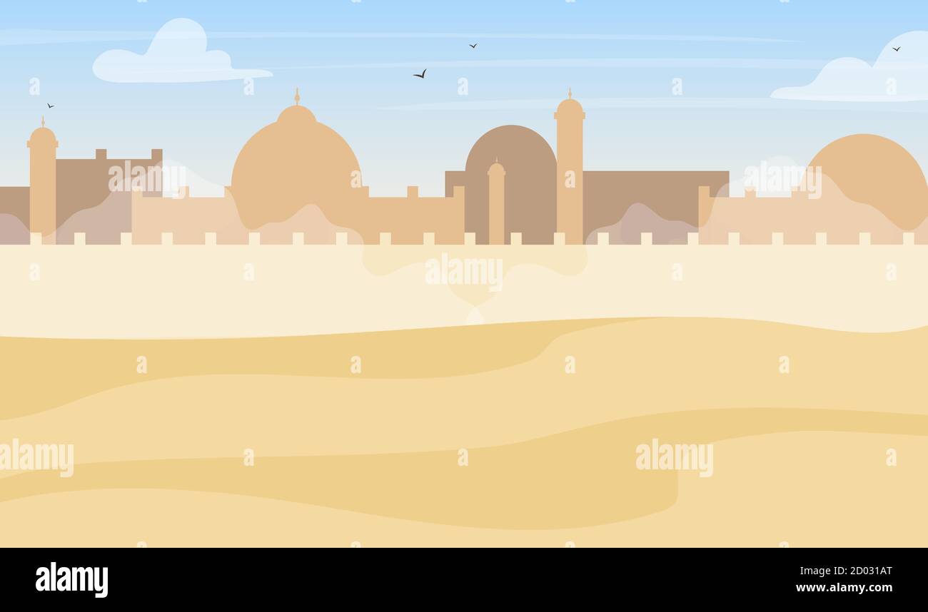 Desert town silhouette landscape flat color vector background. Muslim ...