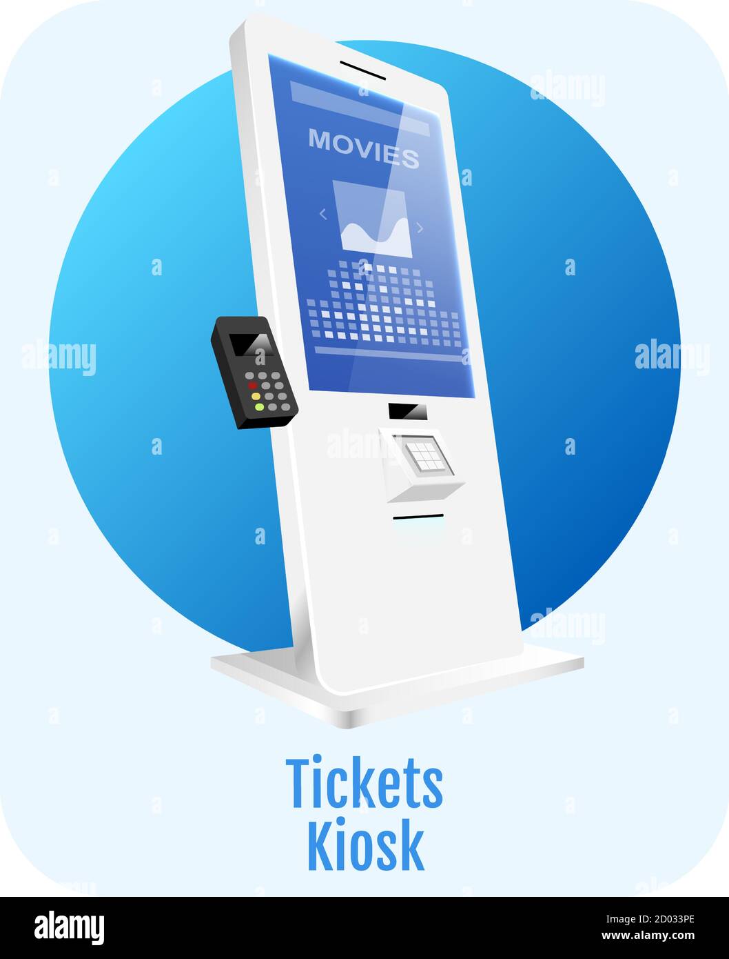 Tickets kiosk flat concept icon. Cinema electronic terminal sticker ...