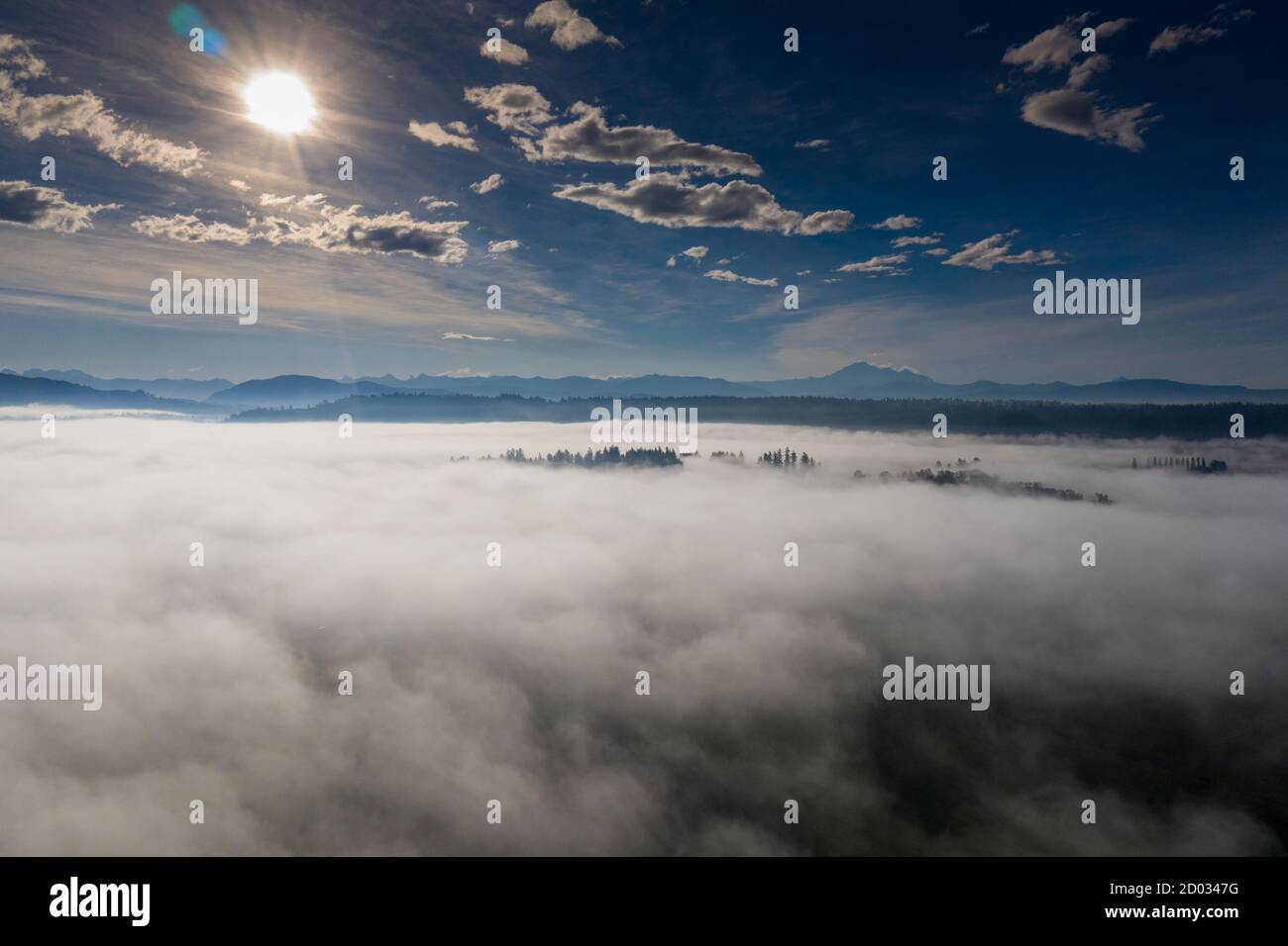 Sun beams above the fog and clouds in the blue sky forest tops sticks through the fog Stock ...