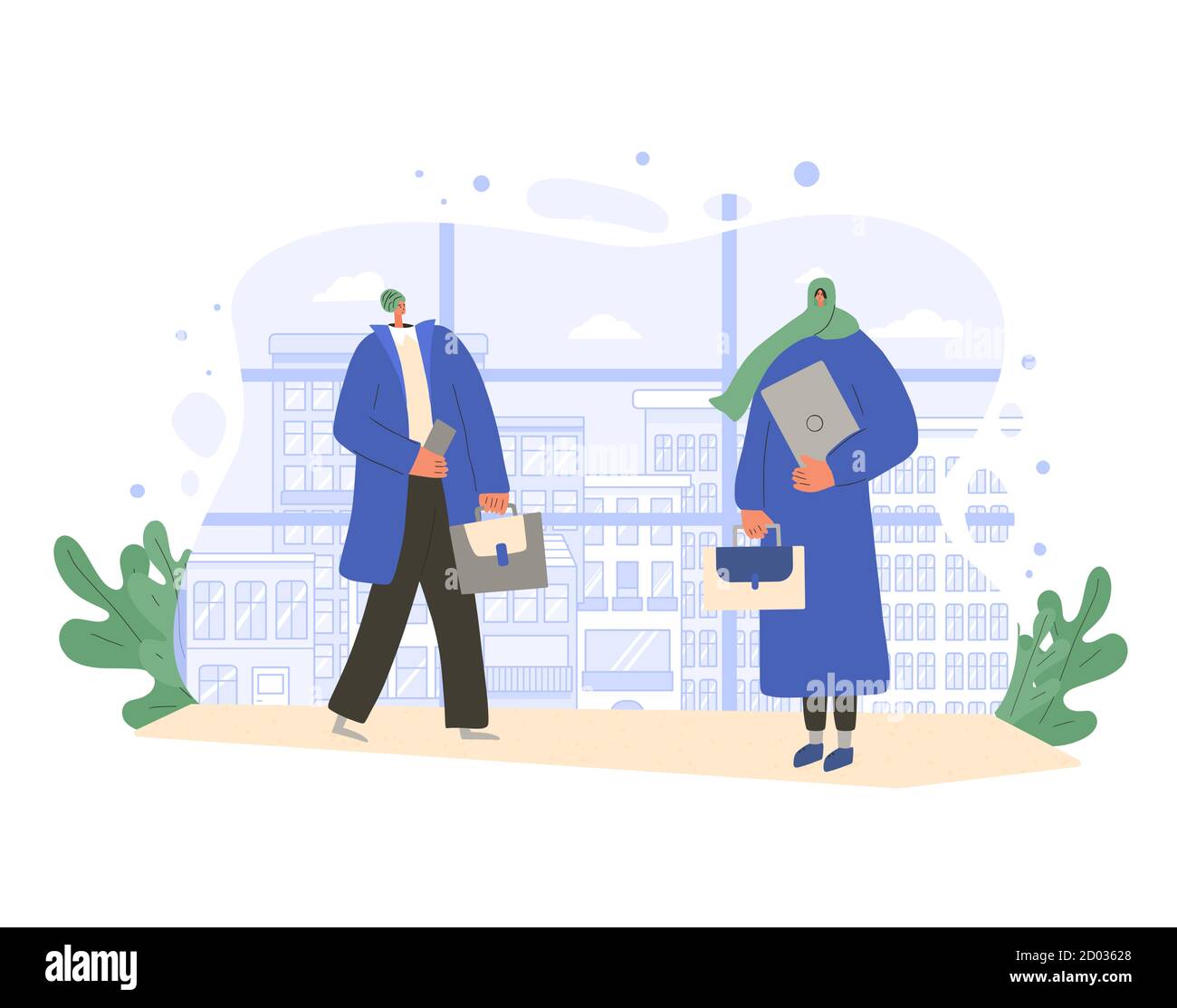 Two muslim women talking about job at the office. Business female ...