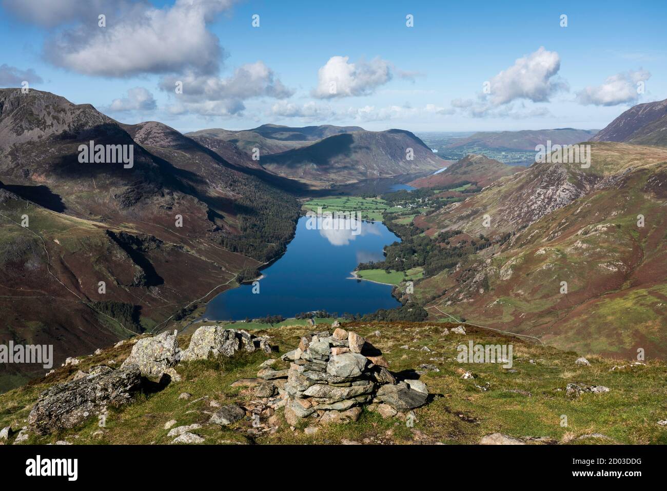 Classic view of Buttermere and Crummock Water on a calm, sunny summer ...