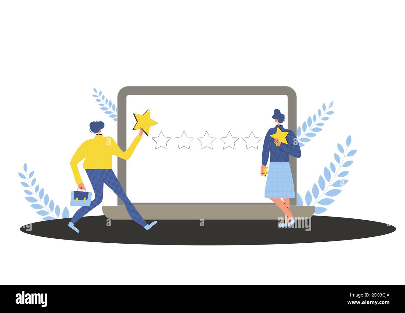 Feedback concept. Client review. Two persons holding stars in their ...