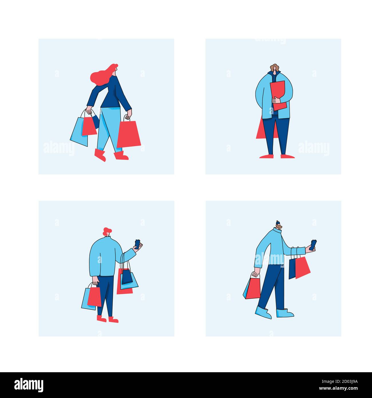 Set of customer characters with shopping bags. People dressed in casual ...
